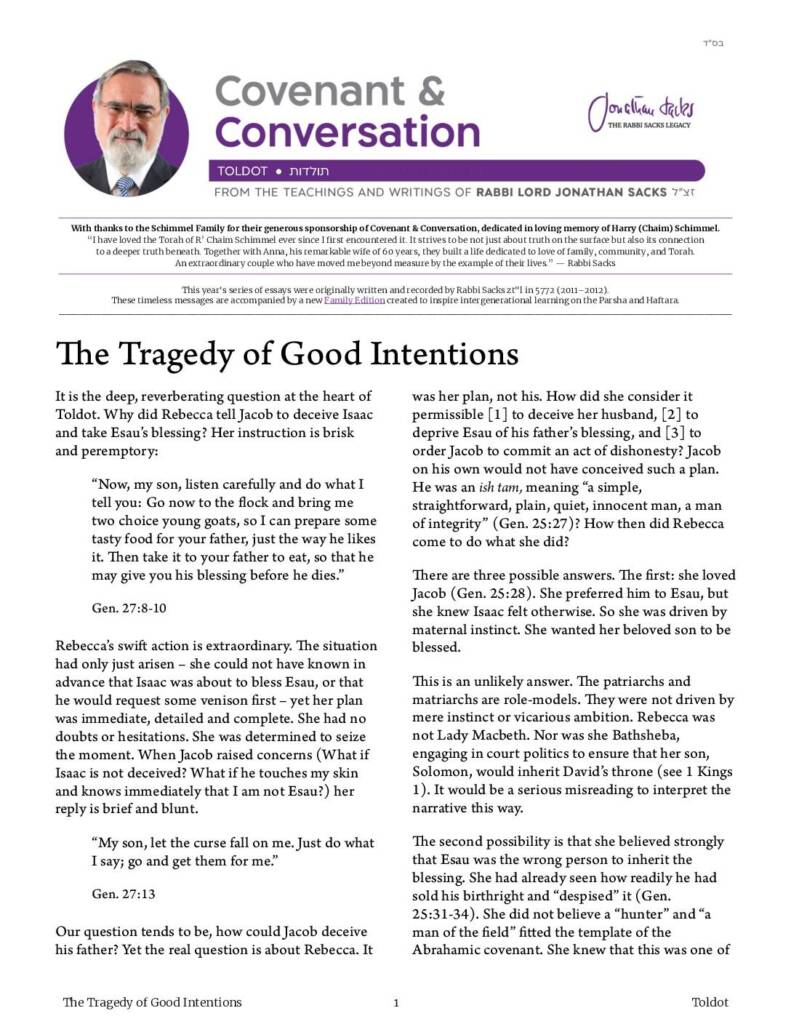 The Tragedy of Good Intentions | Toldot | Covenant & Conversation | The ...