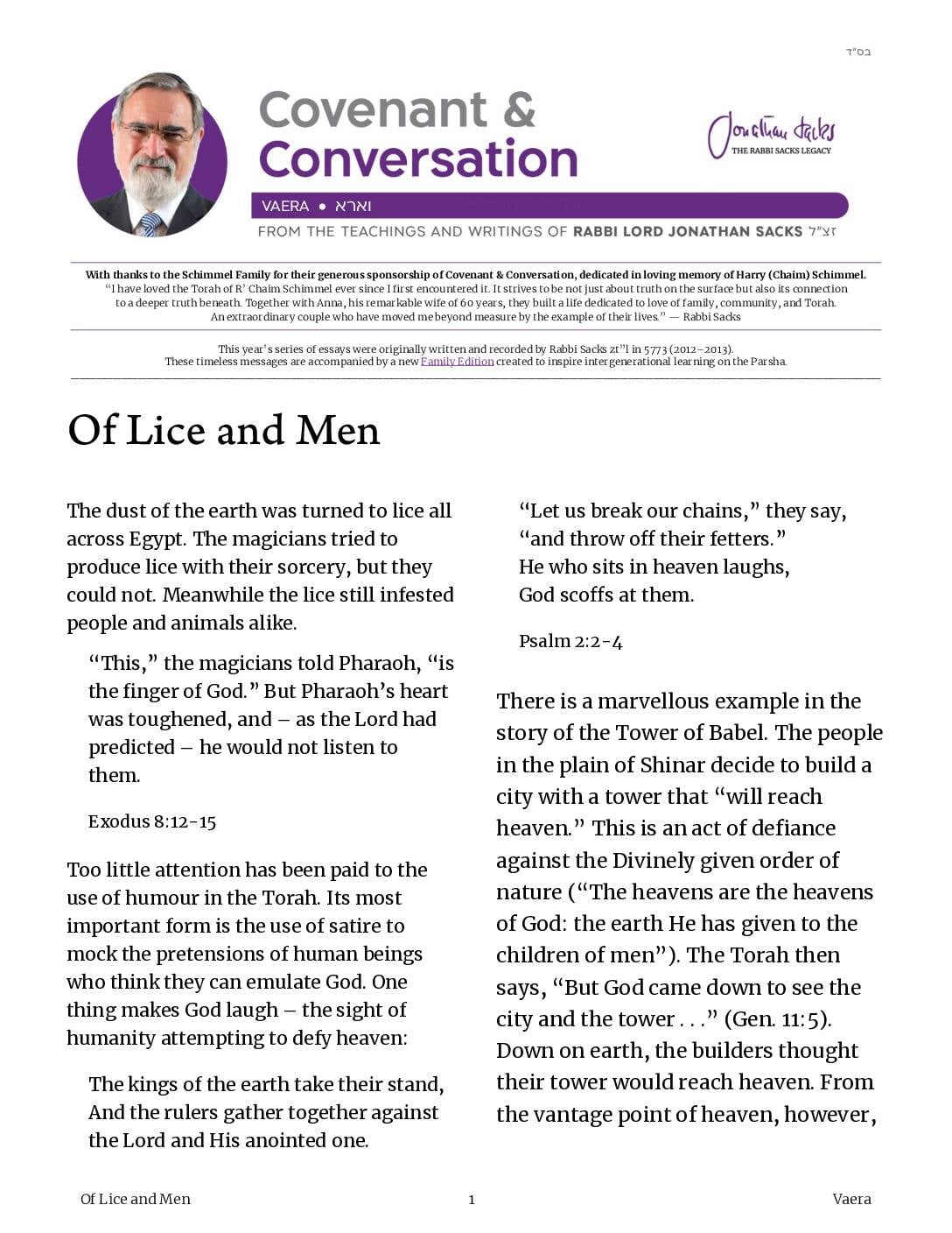 Of Lice and Men | Vaera | Covenant & Conversation | The Rabbi Sacks Legacy